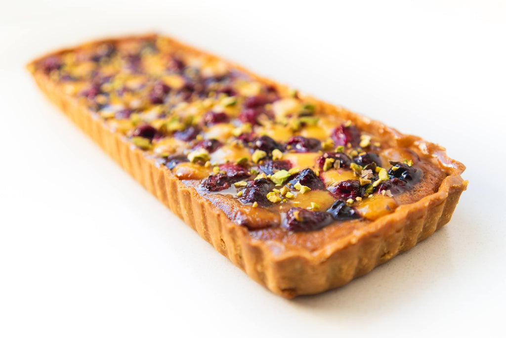 Raspberry and lemon curd frangipane tart long